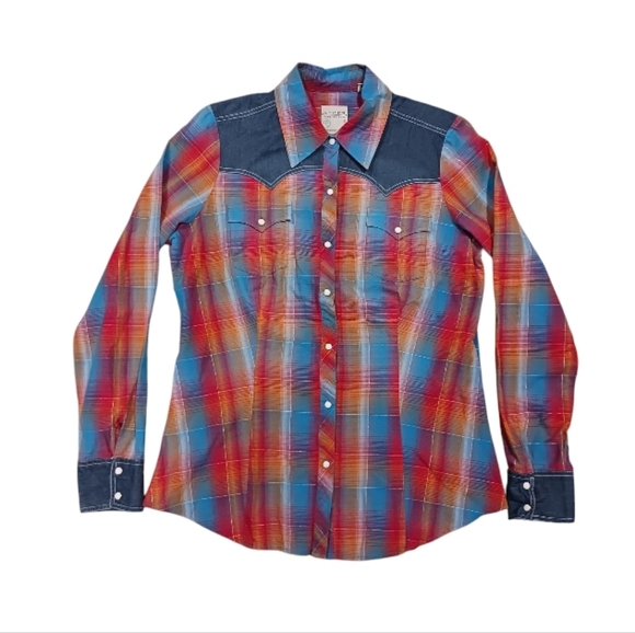 Roper | Tops | Roper Western Plaid Shirt Denim Yoke Cuffs Metallic ...